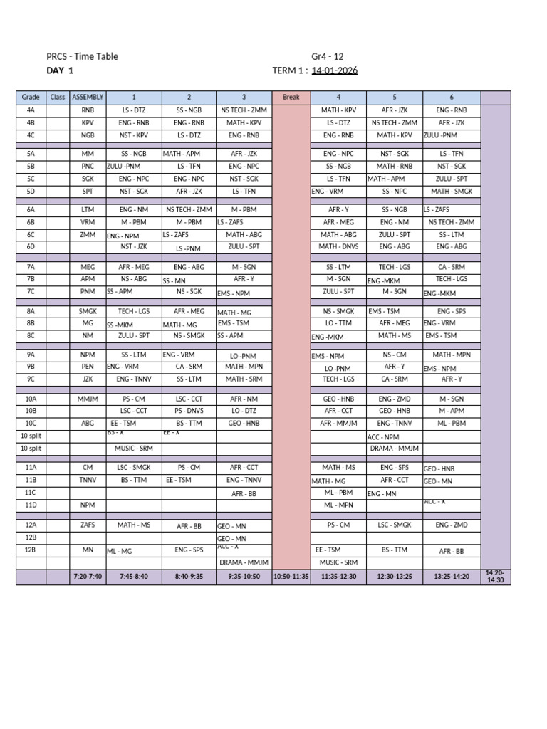 PRCS Grade 4-12 Timetable 2026 | PDF