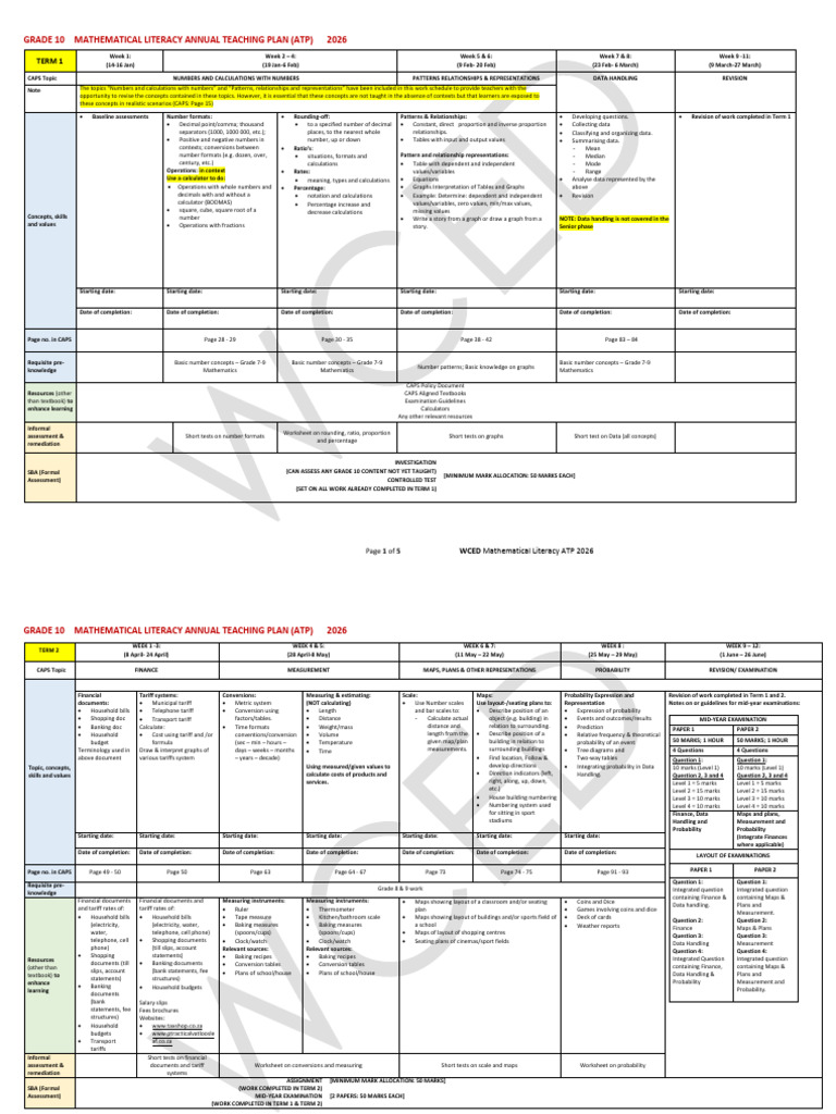 Grade 10 Math Literacy Teaching Plan 2026 | PDF | Numbers | Interest