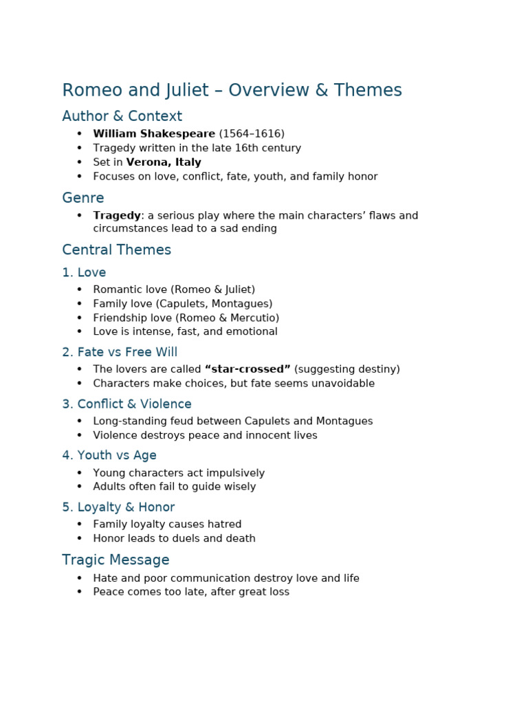 Romeo and Juliet – Overview & Themes | PDF