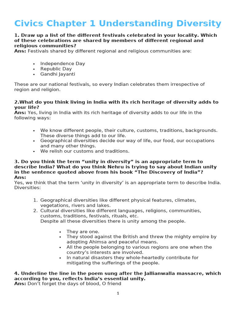 Civics Chapter 1 Understanding Diversity | PDF | Kashmir