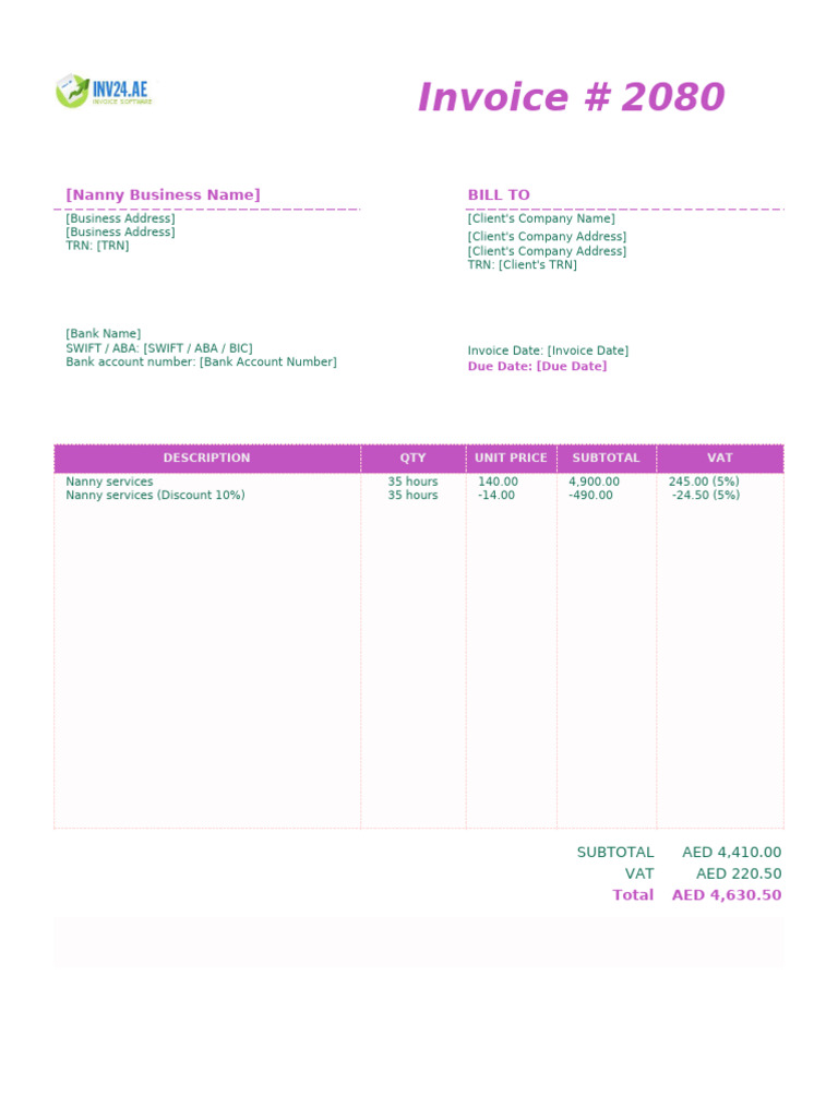 Nanny Invoice Template Ae | PDF