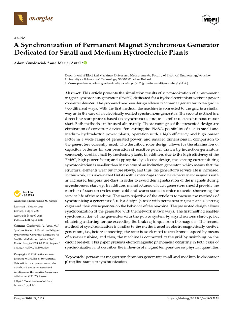 Synchronization of PMSG for Hydropower | PDF | Electric Generator ...