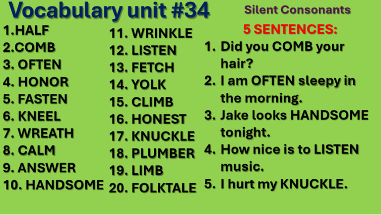Silent Consonants Vocabulary List | PDF
