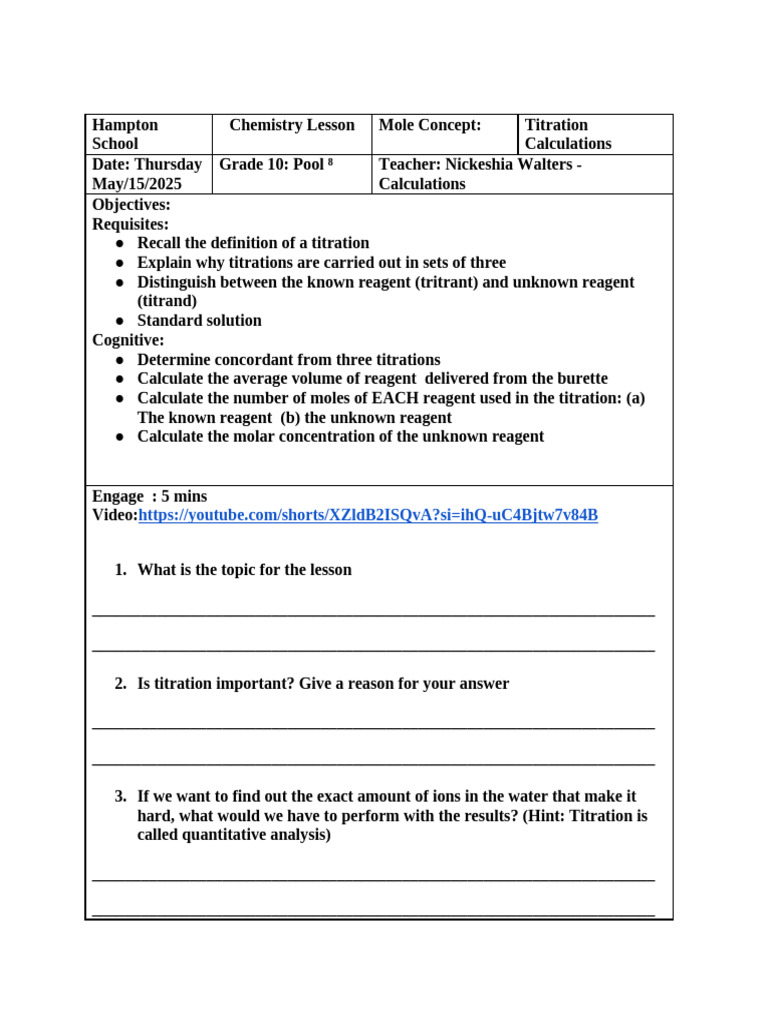 Grade Ten Titration - Performing Calculations - Lesson | PDF ...