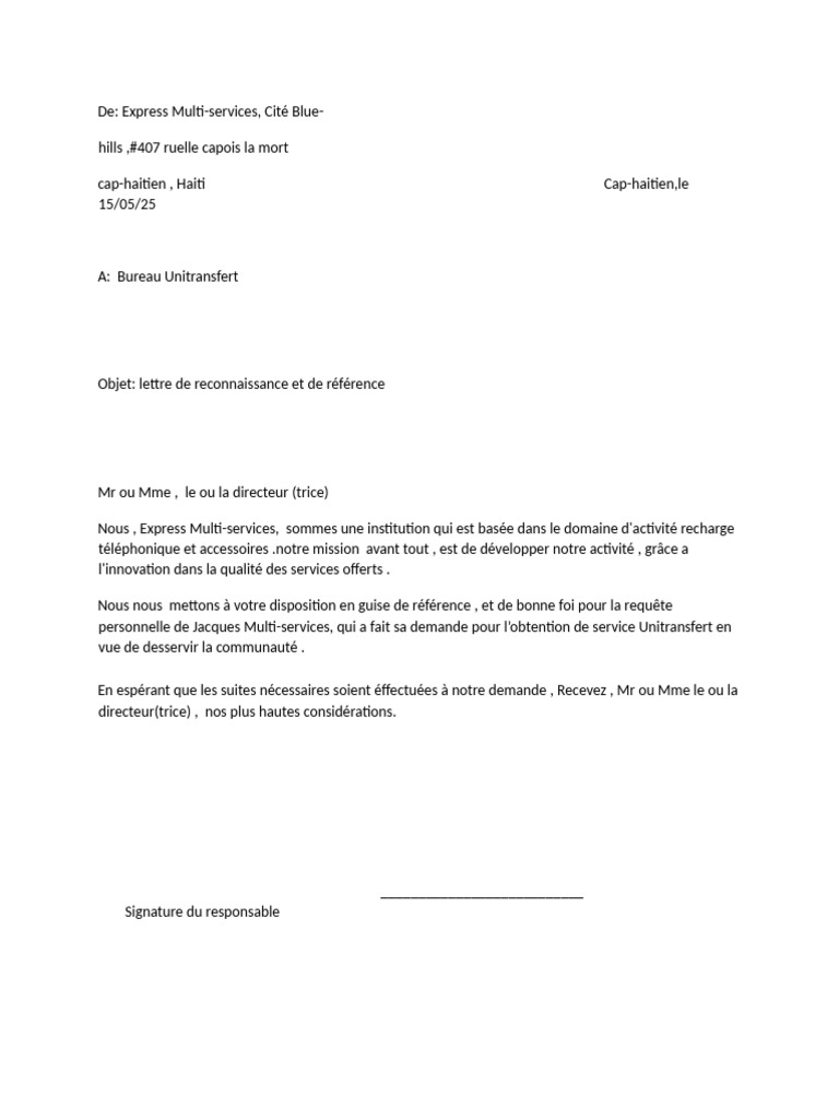Lettre de référence pour Unitransfert | PDF