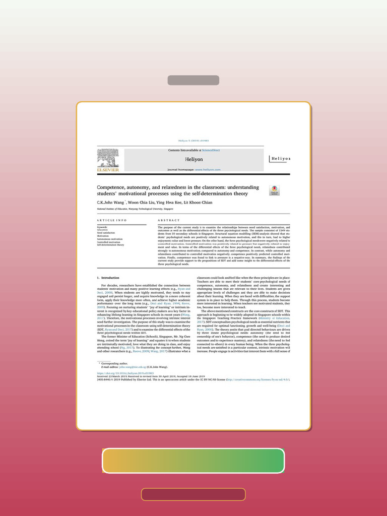 Test Bank for Competence Autonomy and Relatedness in the Classroom ...
