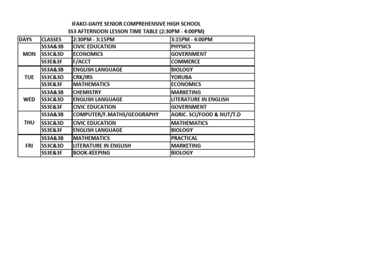 Afternoon Lesson Time Table | PDF