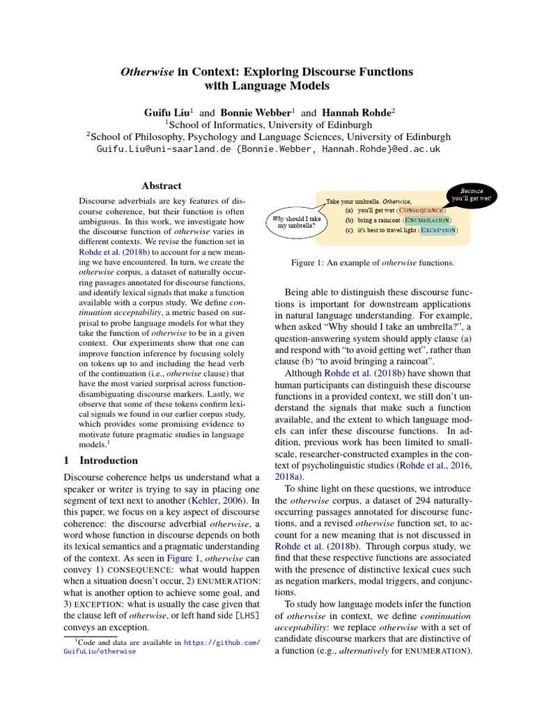Discourse Functions of "Otherwise" Explained | PDF | Semantics ...