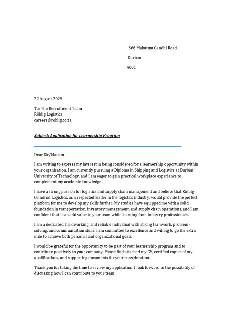 Cover Letter (Rohlig Grindrod) | PDF