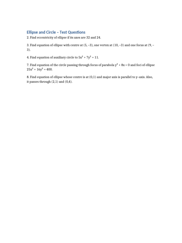 Ellipse and Circle Test Questions | PDF