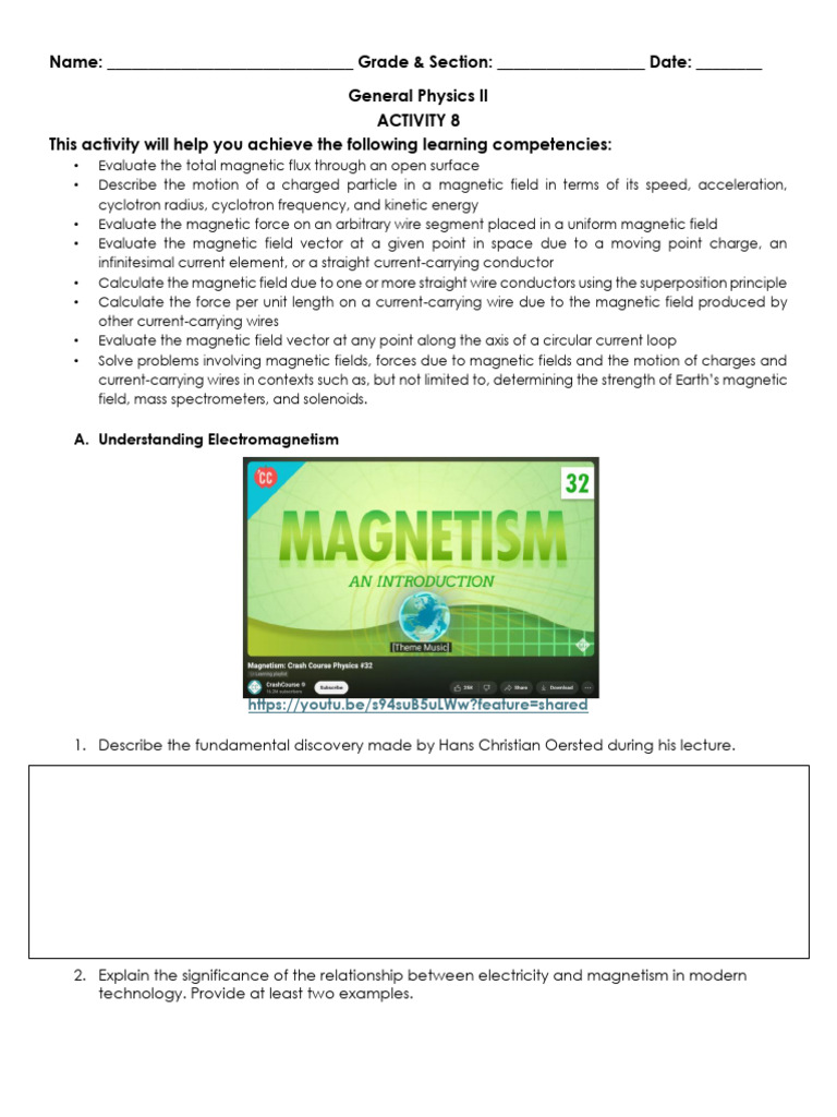 Activity 8 Electromagnetism | PDF | Magnetic Field | Electromagnetism