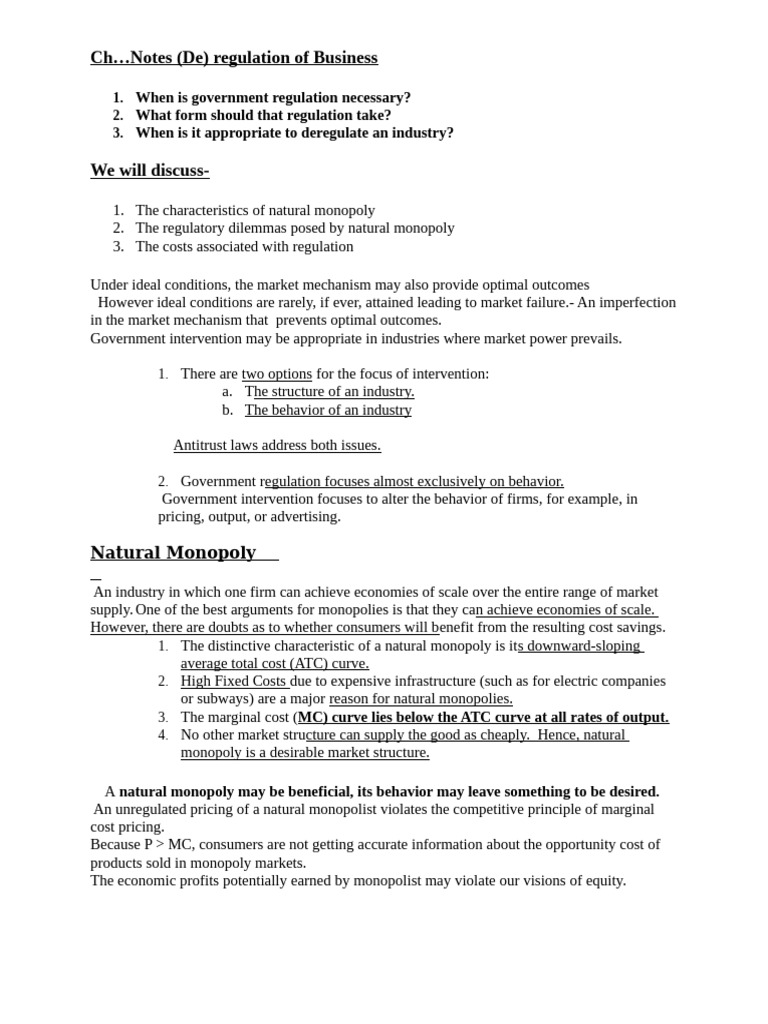 Business Regulation and Deregulation Insights | PDF | Monopoly | Profit ...