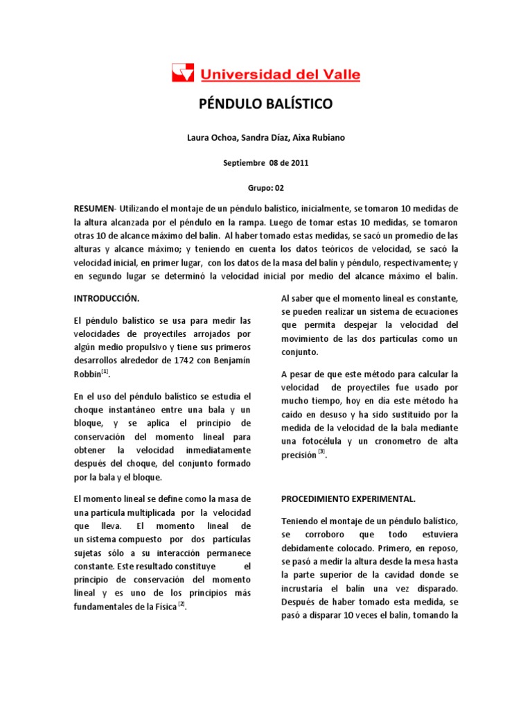 Péndulo Balístico FisicaI | PDF | Velocidad | Péndulo
