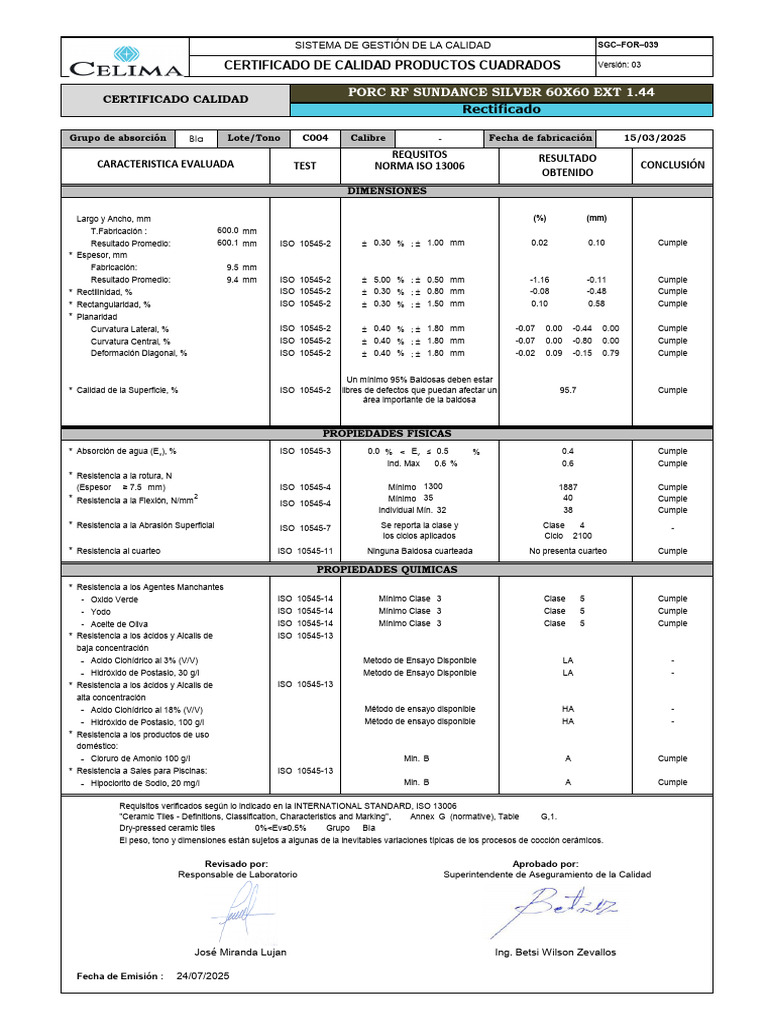 Porc Rf Sundance Silver 60x60 Ext 1.44 - Tc004 (2) | PDF | Gestión de la calidad | Calidad