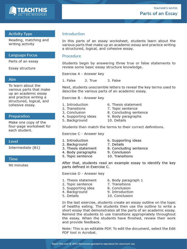 Parts of an Essay Worksheet Guide | PDF | Essays | English As A Second ...