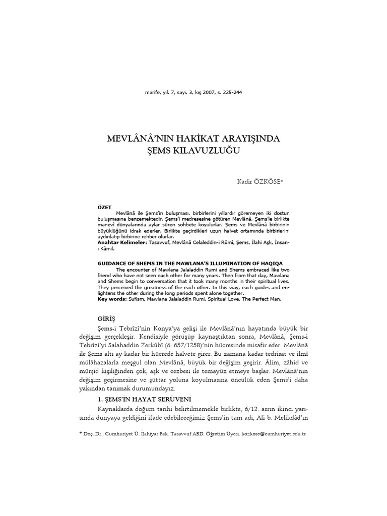 Mevlananin Hakikat Arayisinda Sems Kilavuzlugu Kadir Ozkose | PDF