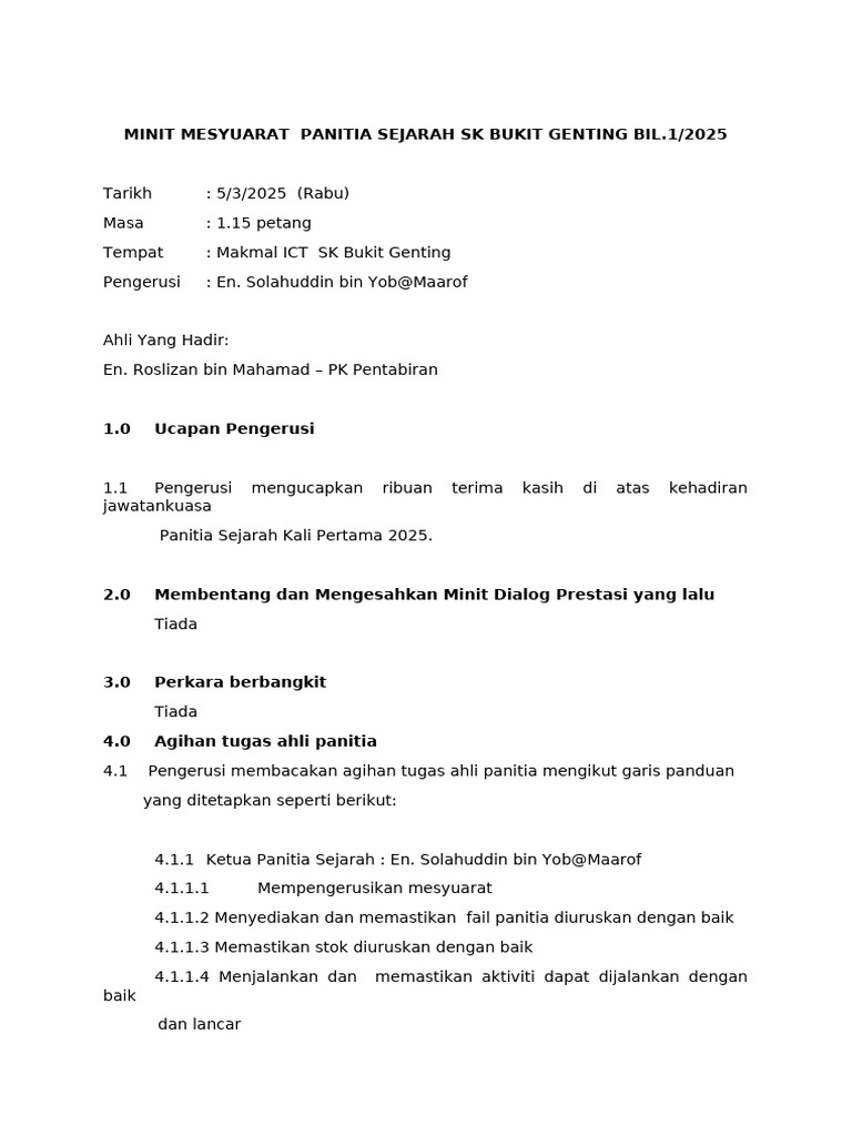 Minit Mesyuarat Bil 1 SKBG Sejarah 2025 | PDF
