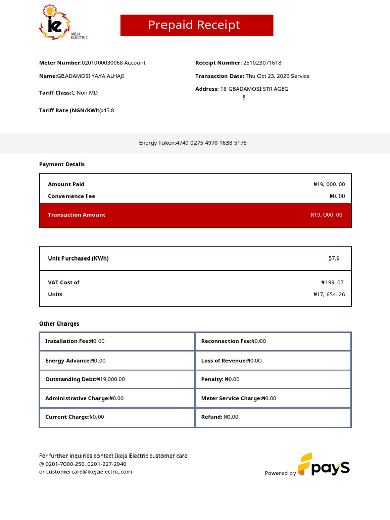 Prepaid Electricity Receipt Details | PDF