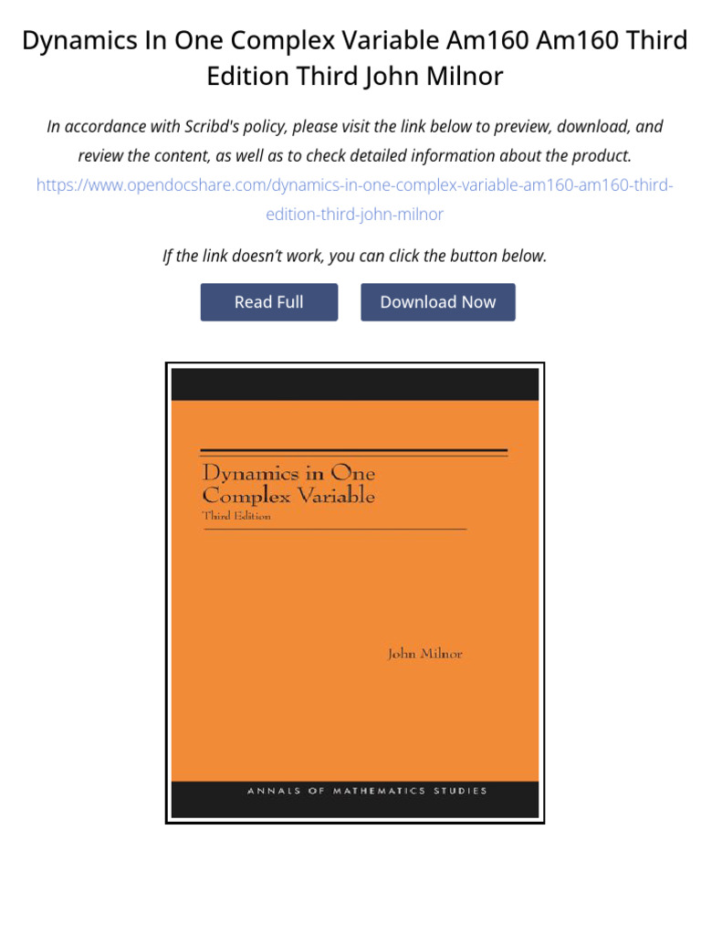 Dynamics In One Complex Variable Am160 Am160 Third Edition Third John ...