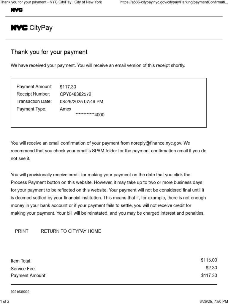 NYC CityPay Payment Confirmation | PDF