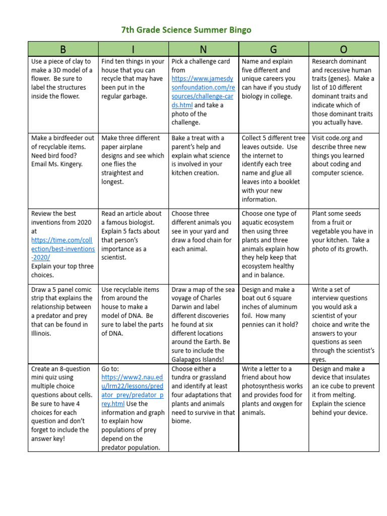 Summer Science Bingo 2021- 7th Grade | PDF | Plants | Dominance (Genetics)