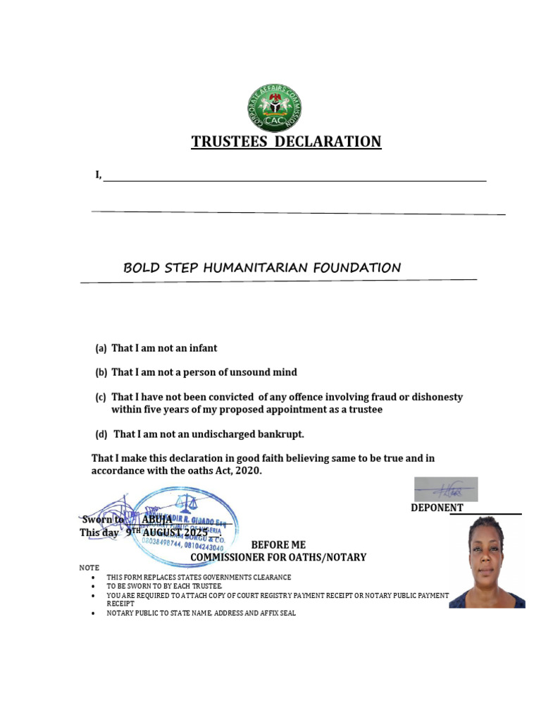 Trustees Declaration Form Nigeria | PDF | Notary Public | Practice Of Law