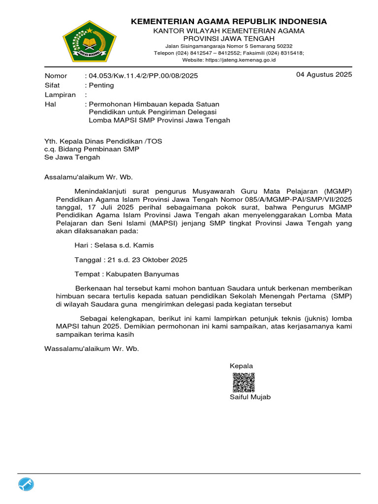Edaran Mapsi Xiv SMP Jateng 2025 | PDF