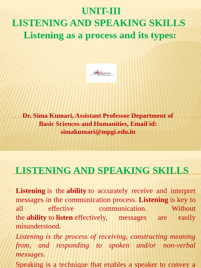 Listening and Speaking Skills Overview | PDF | Nonverbal Communication ...