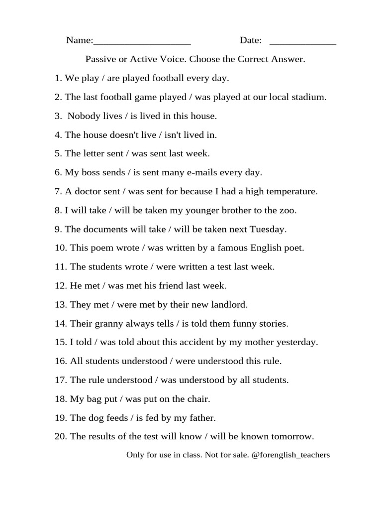 Passive or Active Voice Choose the Correct Answer the Present Past and ...