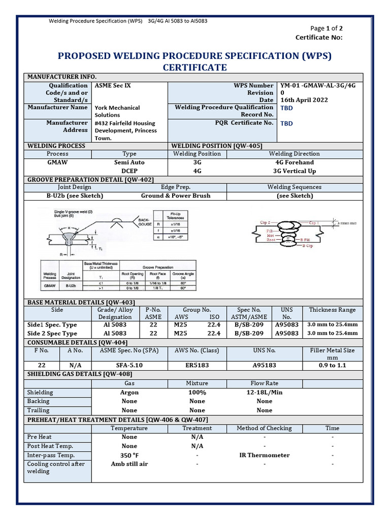 WPS for GMAW Al 5083 Welding | PDF | Welding | Construction