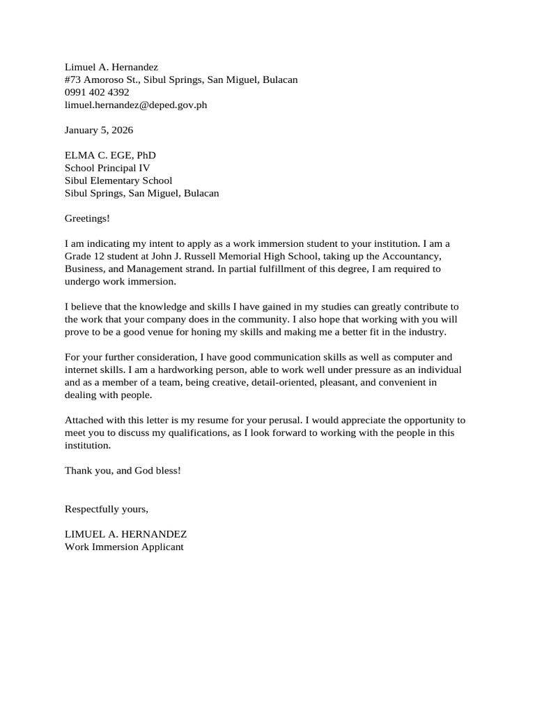 Application Letter for Elementary and High School ABM 1 | PDF