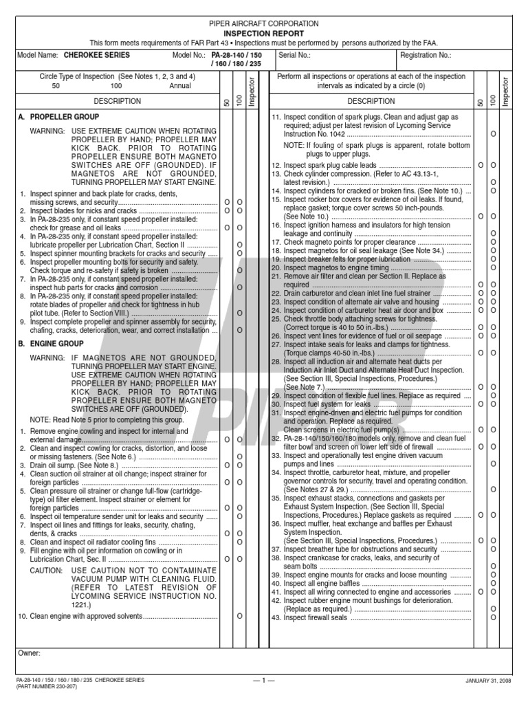 Inspection Report for Piper Cherokee PA-28 | PDF | Propeller | Carburetor
