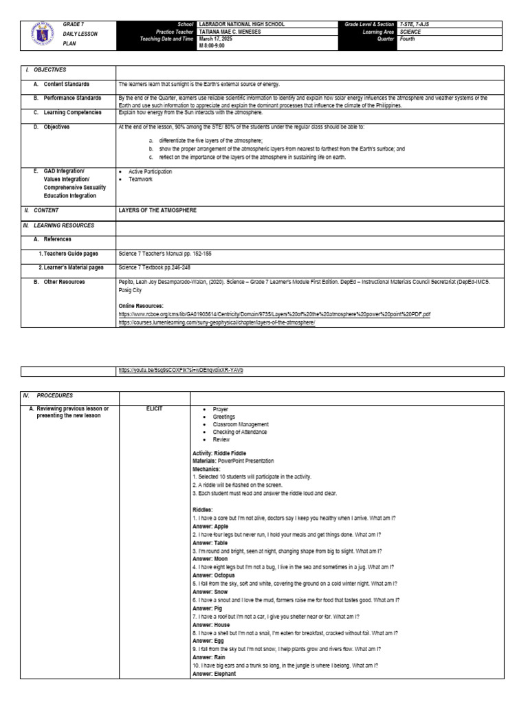 Grade 7 Science Lesson: Atmosphere Layers | PDF | Atmosphere Of Earth ...