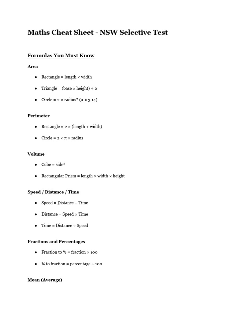 NSW Selective Test Maths Cheat Sheet | PDF