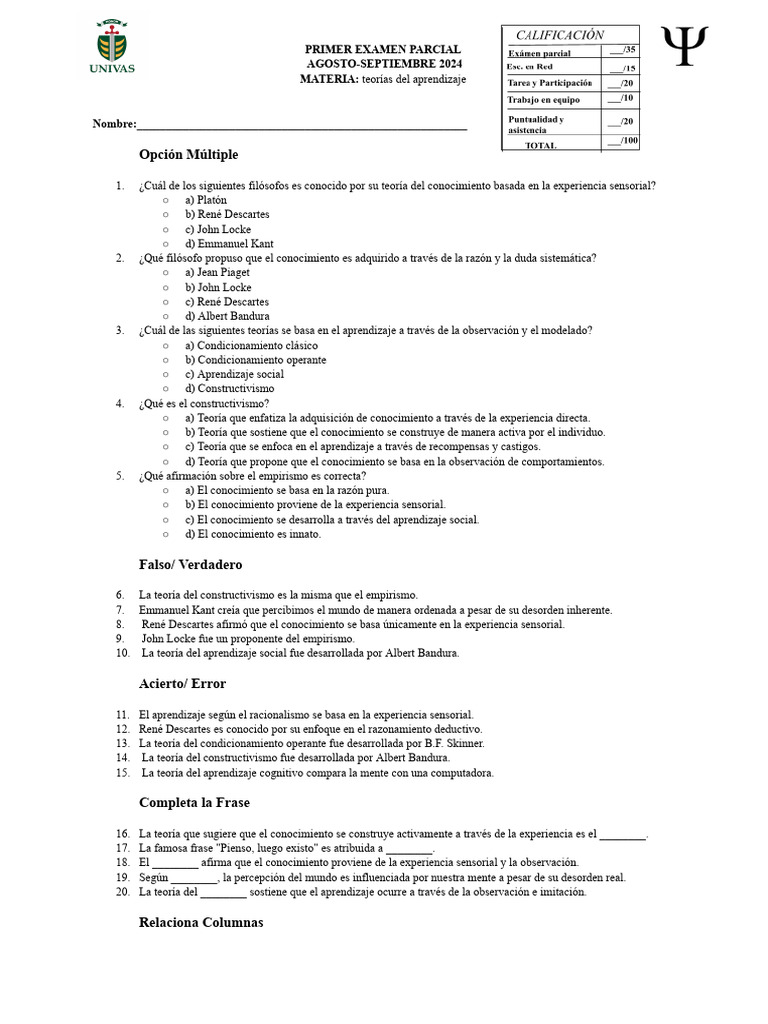 Examen Teorías del Aprendizaje 2024 | PDF | Constructivismo (filosofía ...