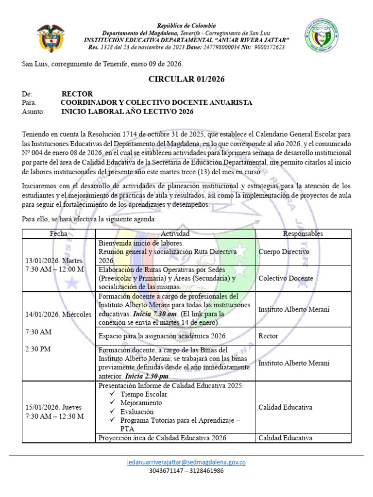 Inicio Laboral 2026 en IED Anuar Rivera Jattar | PDF | Aprendizaje