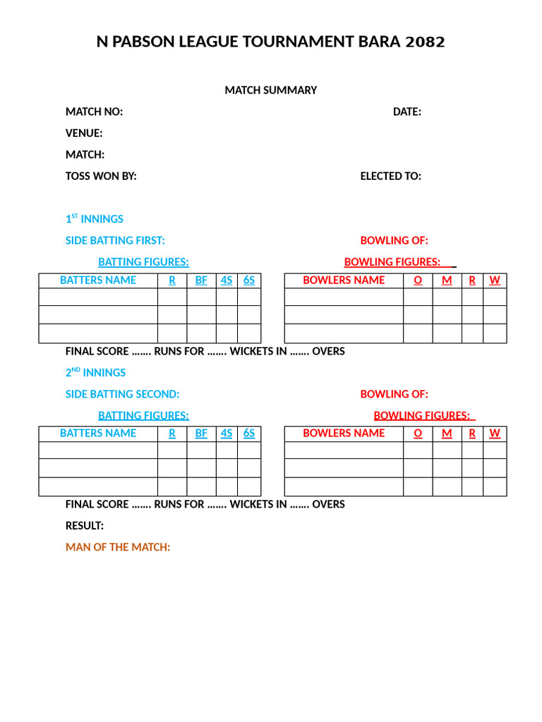 Pabson League Tournament Match Summary | PDF