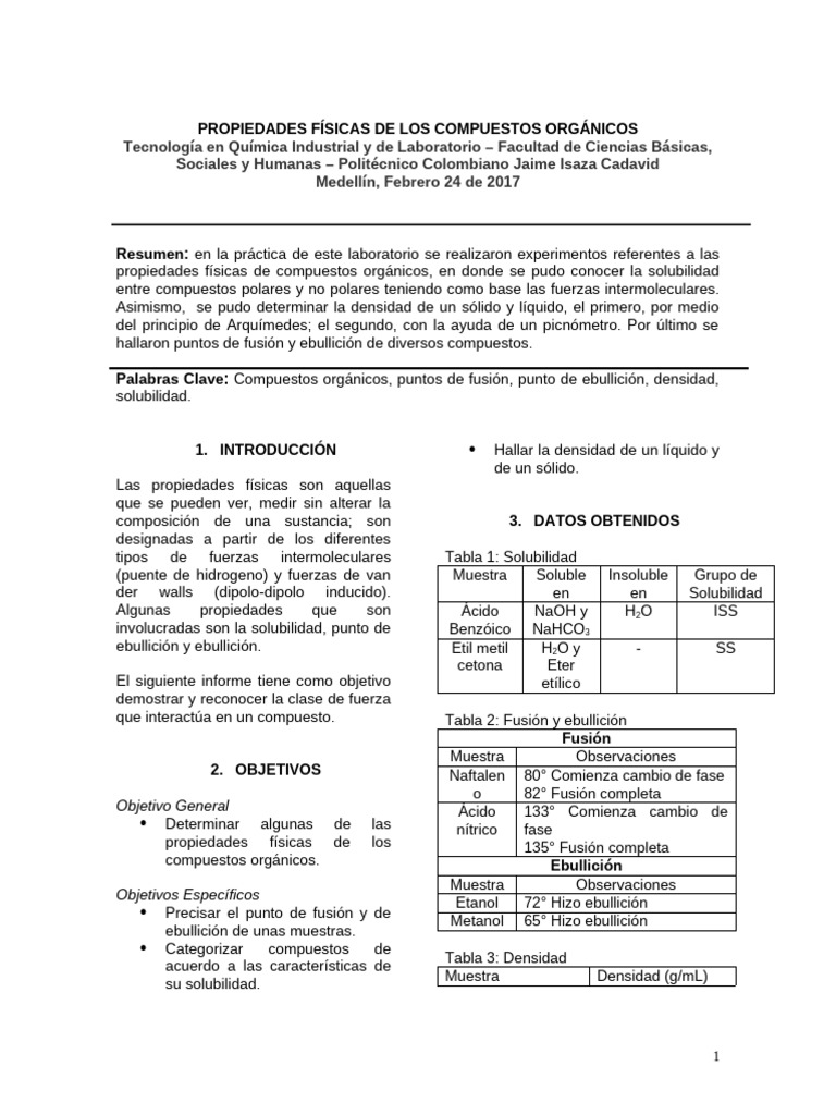 Iforme Propiedades físicas | PDF | Solubilidad | Agua