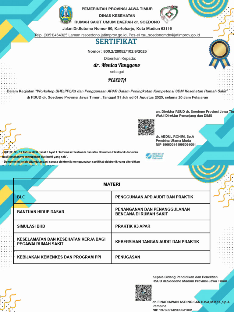 Sertifikat Workshop K3 RSUD dr. Soedono | PDF