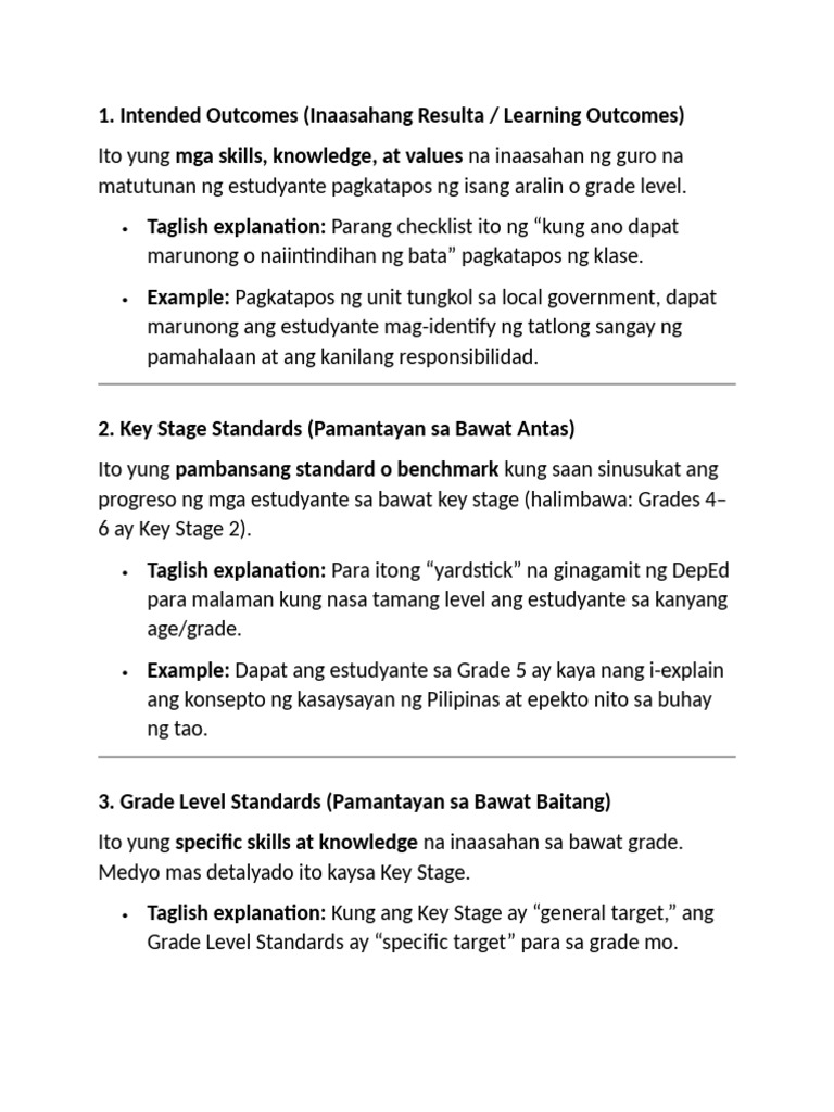 The Intended Outcomes Key Stage Standards Grade Level Standards ...