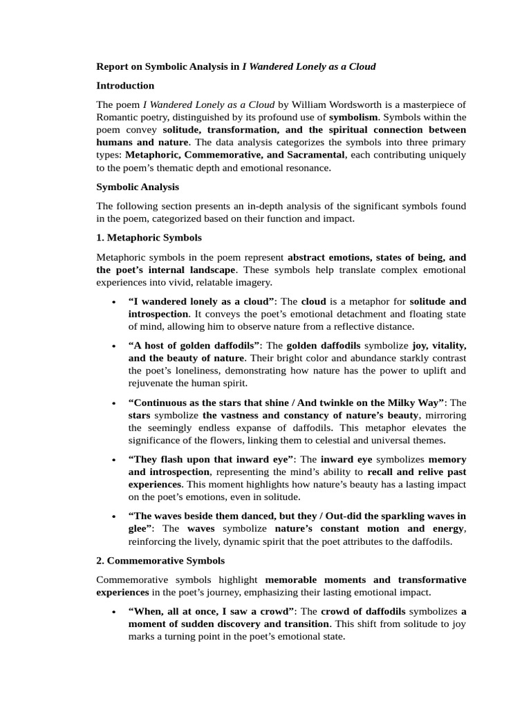 Report on Symbolic Analysis in I Wandered Lonely as a Cloud | PDF ...