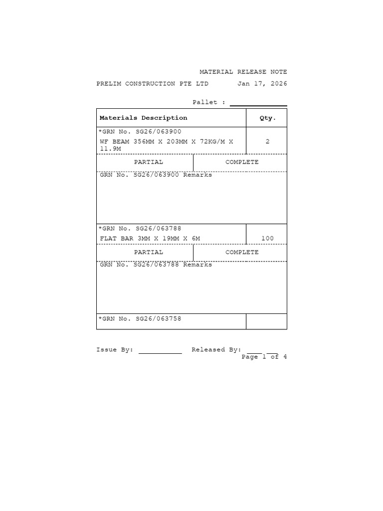 Material Release Note for Construction | PDF