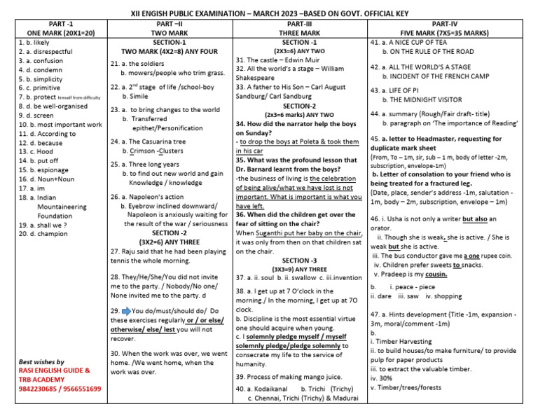 12th English Answer Key to Public Exam March 2023 PDF Download | PDF