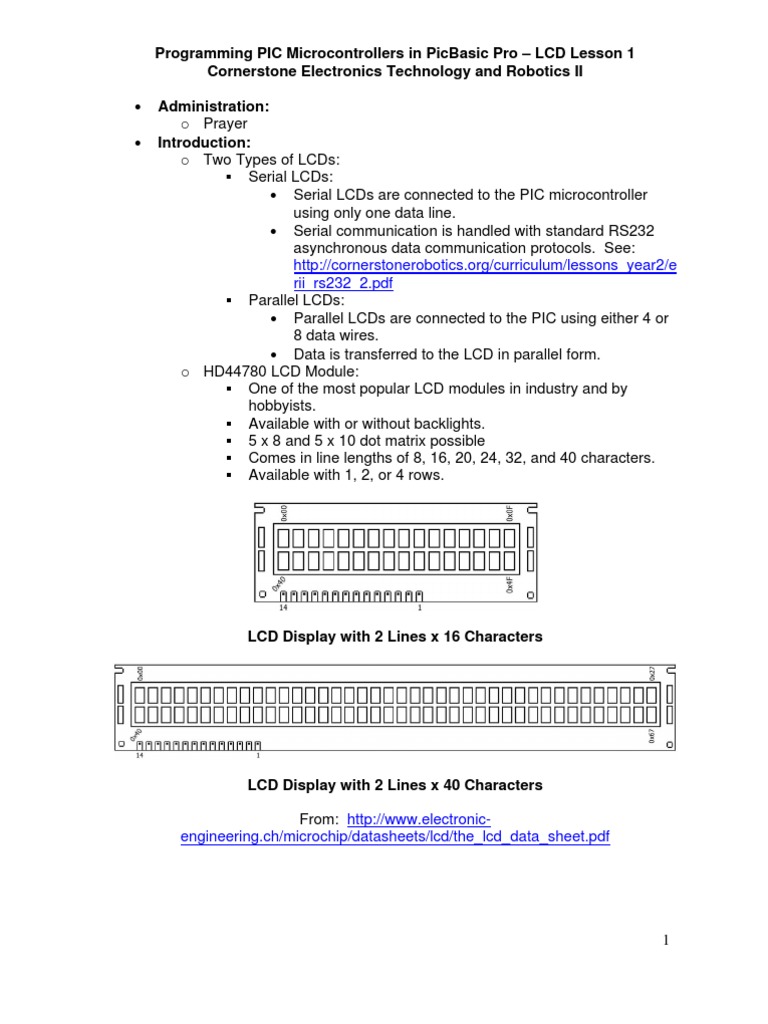 Programming Pic Microcontrollers in Picbasic Pro - LCD Lesson 1 Cornerstone Electronics ...