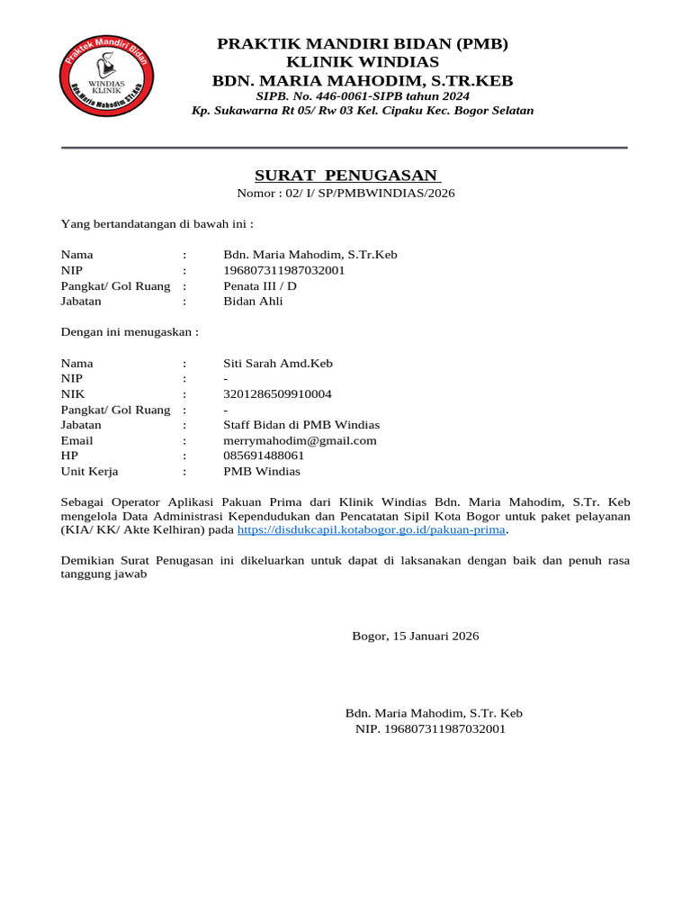 Surat Penugasan Bidan Klinik Windias | PDF
