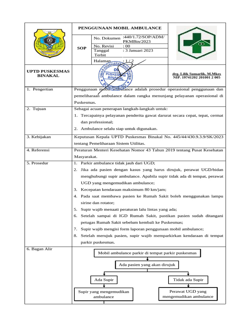 SOP Penggunaan Mobil Ambulance Puskesmas | PDF