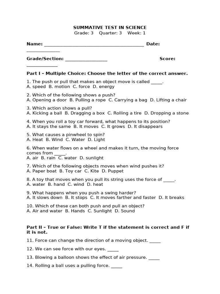 SUMM_TEST SCIENCE 3 Q3 W1 | PDF | Force