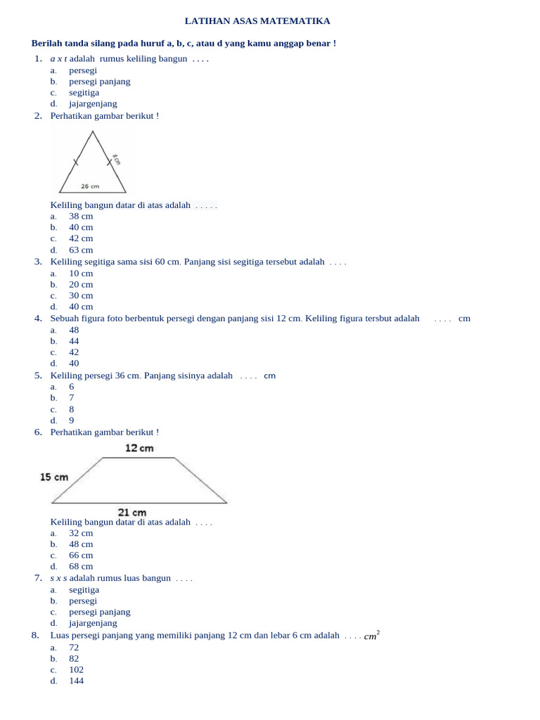 Latihan Soal Keliling dan Luas Bangun Datar | PDF