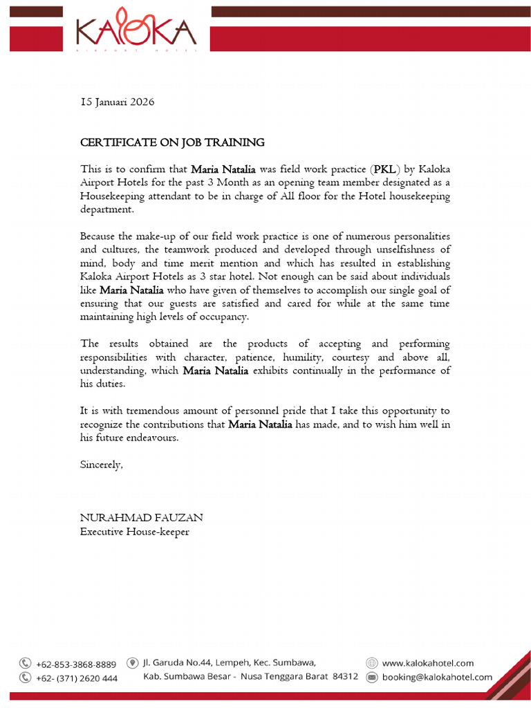 Certificate of Job Training for Maria Natalia | PDF