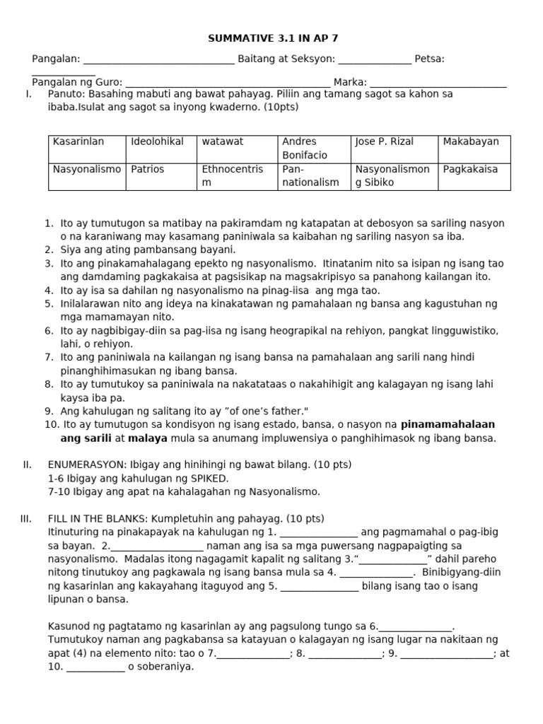Summative 3.1 in AP 7 | PDF